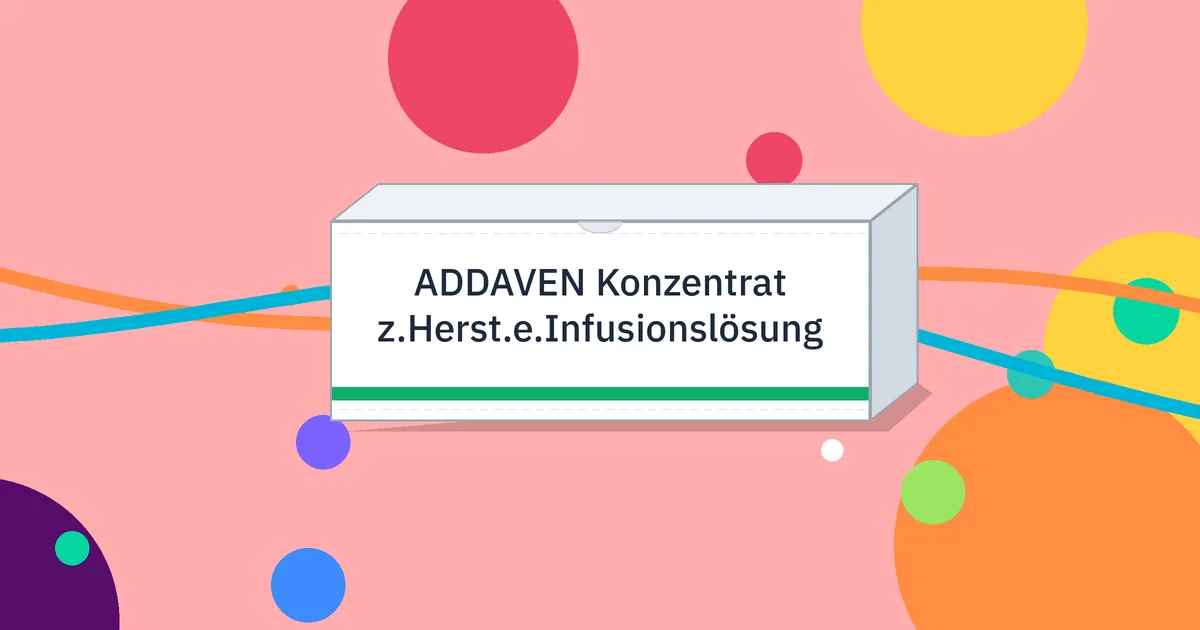 Symbolbild: Packung mit der Aufschrift ADDAVEN Konzentrat z.Herst.e.Infusionslösung (PZN 19643605) – Verfügbarkeit und Bezug in Apotheken in Frankfurt am Main