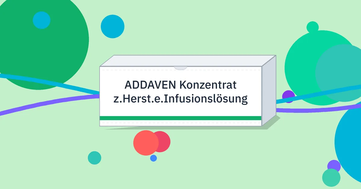 Symbolbild: Packung mit der Aufschrift ADDAVEN Konzentrat z.Herst.e.Infusionslösung (PZN 11057753) – Verfügbarkeit und Bezug in Apotheken in Frankfurt am Main