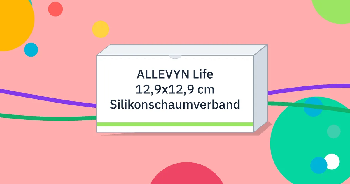 Symbolbild: Packung mit der Aufschrift ALLEVYN Life 12,9x12,9 cm Silikonschaumverband (PZN 19730988) – Verfügbarkeit und Bezug in Apotheken in Frankfurt am Main