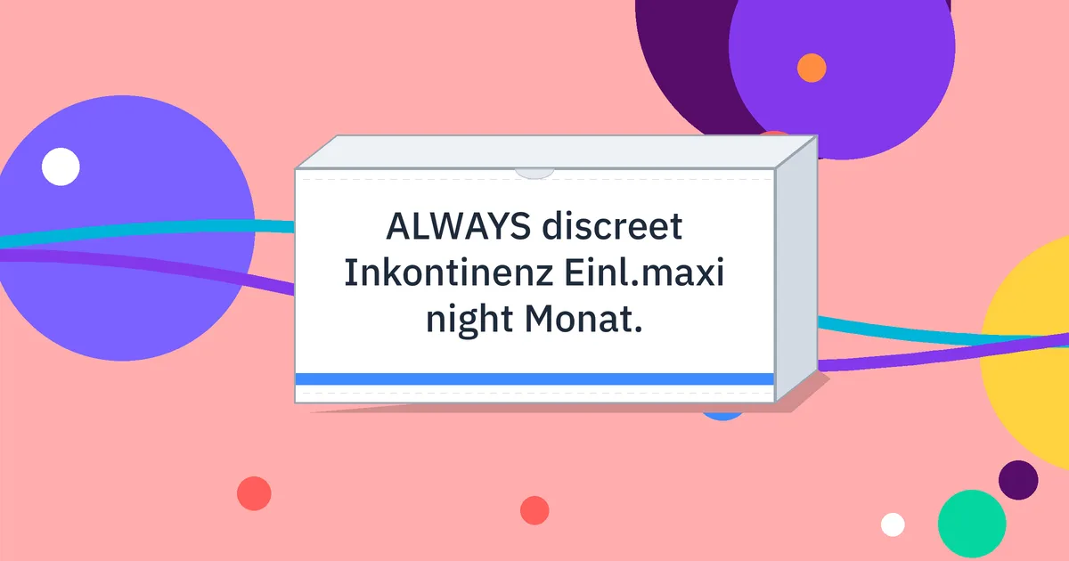 Symbolbild: Packung mit der Aufschrift ALWAYS discreet Inkontinenz Einl.maxi night Monat. (PZN 17445172) – Verfügbarkeit und Bezug in Apotheken in Frankfurt am Main