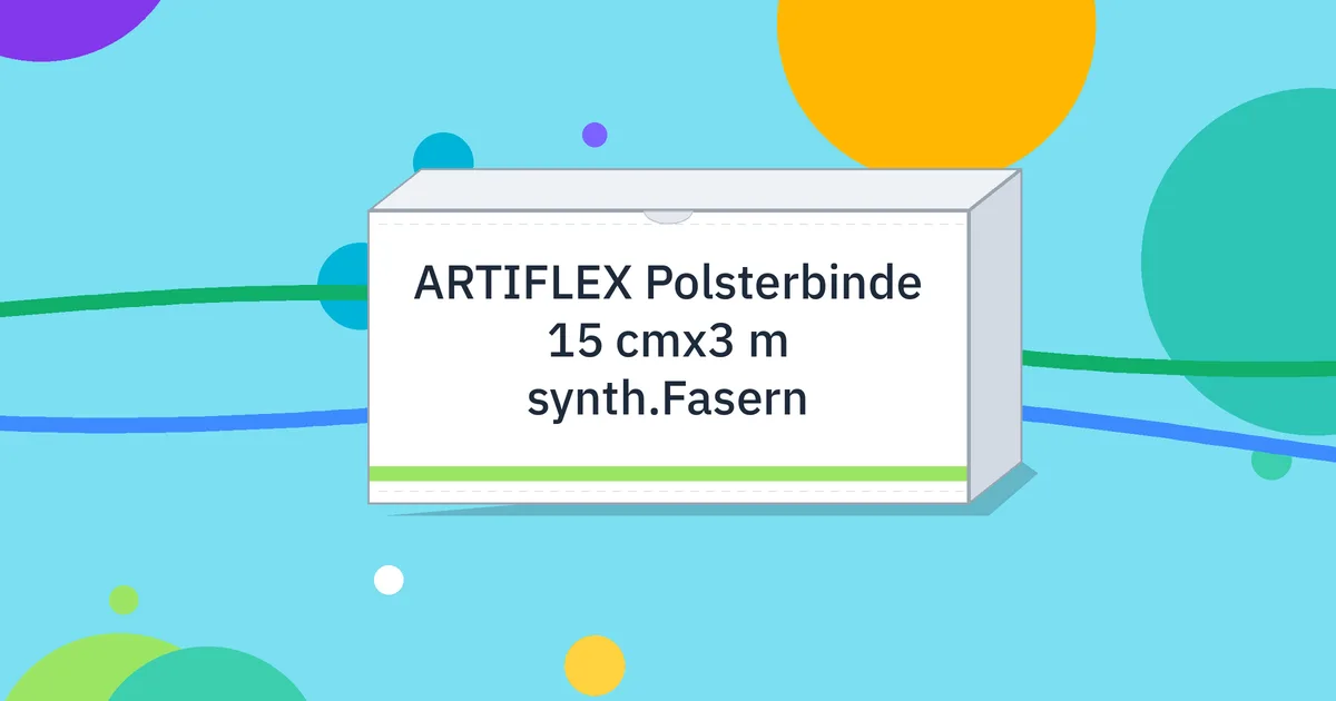 Symbolbild: Packung mit der Aufschrift ARTIFLEX Polsterbinde 15 cmx3 m synth.Fasern (PZN 19814662) – Verfügbarkeit und Bezug in Apotheken in Frankfurt am Main