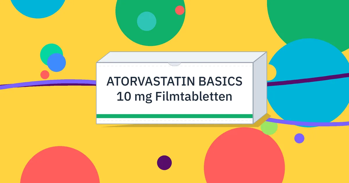 Symbolbild: Packung mit der Aufschrift ATORVASTATIN BASICS 10 mg Filmtabletten (PZN 00524200) – Verfügbarkeit und Bezug in Apotheken in Frankfurt am Main