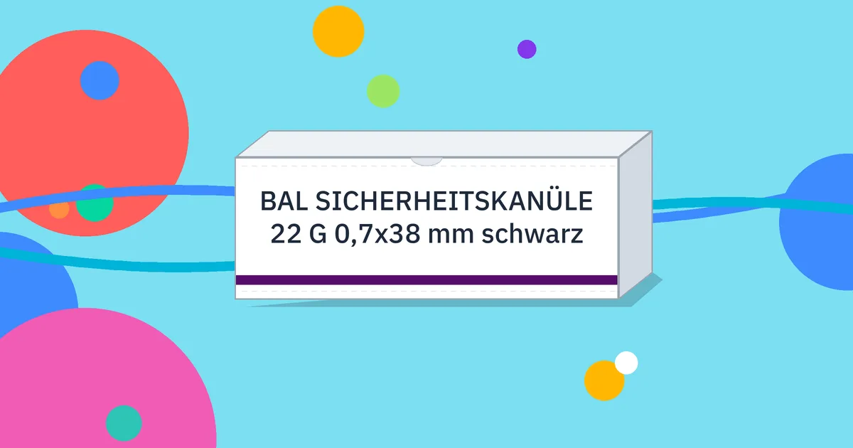 Symbolbild: Packung mit der Aufschrift BAL SICHERHEITSKANÜLE 22 G 0,7x38 mm schwarz (PZN 19124472) – Verfügbarkeit und Bezug in Apotheken in Frankfurt am Main