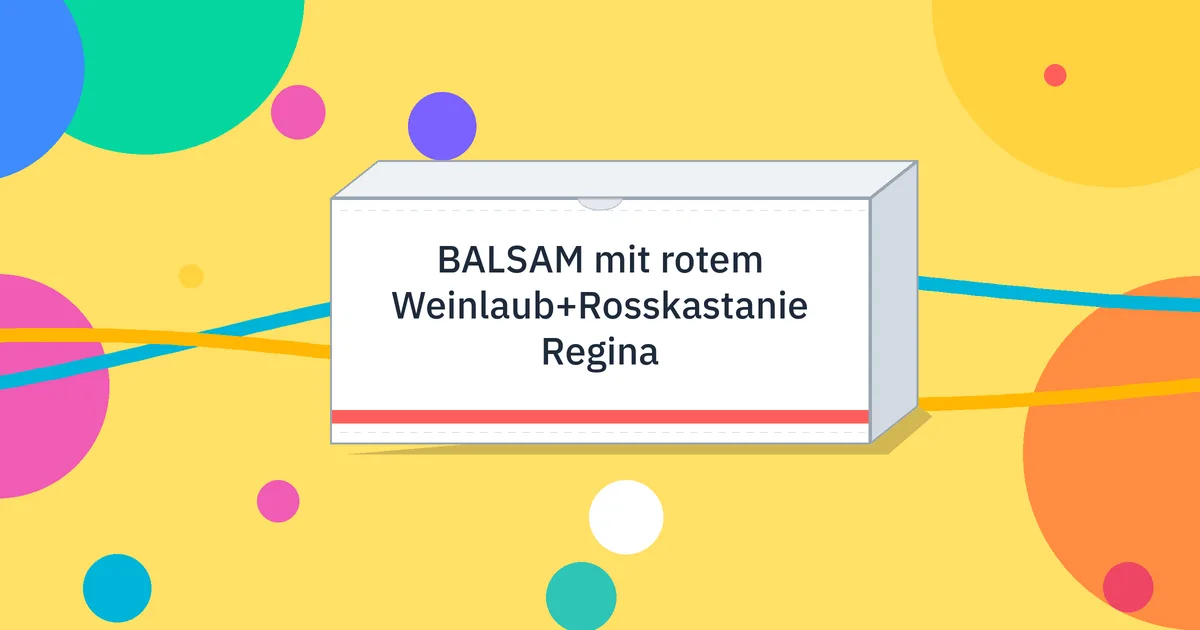 Symbolbild: Packung mit der Aufschrift BALSAM mit rotem Weinlaub+Rosskastanie Regina (PZN 15421983) – Verfügbarkeit und Bezug in Apotheken in Frankfurt am Main