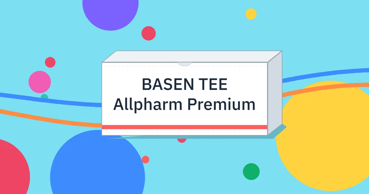 Symbolbild: Packung mit der Aufschrift BASEN TEE Allpharm Premium (PZN 19388202) – Verfügbarkeit und Bezug in Apotheken in Frankfurt am Main