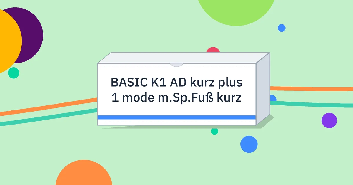 Symbolbild: Packung mit der Aufschrift BASIC K1 AD kurz plus 1 mode m.Sp.Fuß kurz (PZN 20257244) – Verfügbarkeit und Bezug in Apotheken in Frankfurt am Main