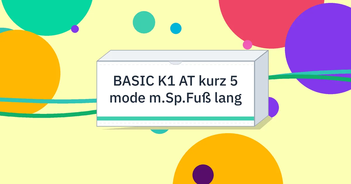 Symbolbild: Packung mit der Aufschrift BASIC K1 AT kurz 5 mode m.Sp.Fuß lang (PZN 20263150) – Verfügbarkeit und Bezug in Apotheken in Frankfurt am Main