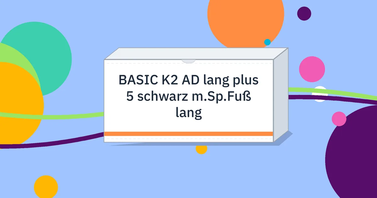 Symbolbild: Packung mit der Aufschrift BASIC K2 AD lang plus 5 schwarz m.Sp.Fuß lang (PZN 20265249) – Verfügbarkeit und Bezug in Apotheken in Frankfurt am Main