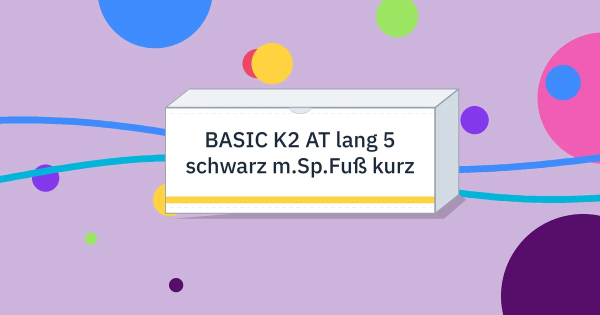 Symbolbild: Packung mit der Aufschrift BASIC K2 AT lang 5 schwarz m.Sp.Fuß kurz (PZN 20269543) – Verfügbarkeit und Bezug in Apotheken in Frankfurt am Main