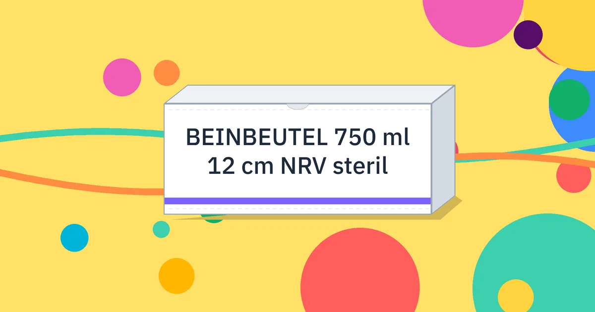 Symbolbild: Packung mit der Aufschrift BEINBEUTEL 750 ml 12 cm NRV steril (PZN 09042336) – Verfügbarkeit und Bezug in Apotheken in Frankfurt am Main