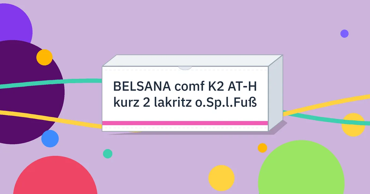 Symbolbild: Packung mit der Aufschrift BELSANA comf K2 AT-H kurz 2 lakritz o.Sp.l.Fuß (PZN 12328728) – Verfügbarkeit und Bezug in Apotheken in Frankfurt am Main