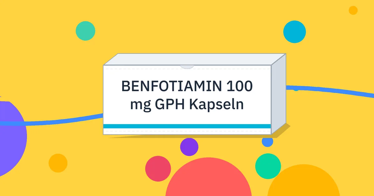 Symbolbild: Packung mit der Aufschrift BENFOTIAMIN 100 mg GPH Kapseln (PZN 11658346) – Verfügbarkeit und Bezug in Apotheken in Frankfurt am Main