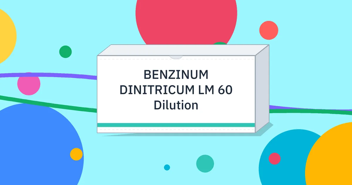 Symbolbild: Packung mit der Aufschrift BENZINUM DINITRICUM LM 60 Dilution (PZN 13382718) – Verfügbarkeit und Bezug in Apotheken in Frankfurt am Main