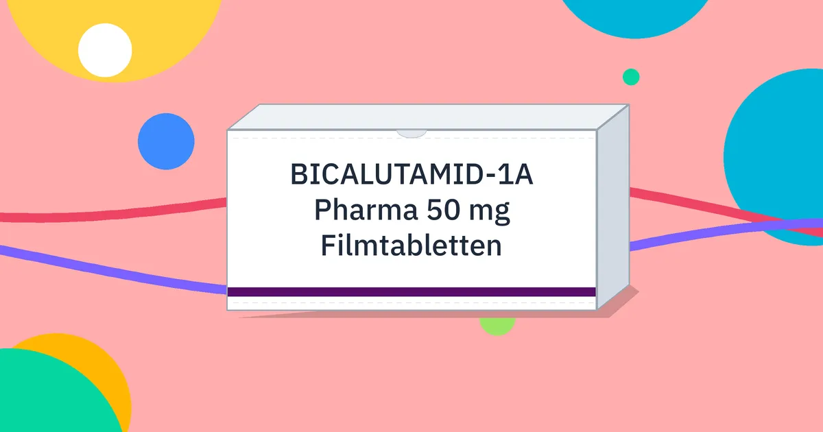 Symbolbild: Packung mit der Aufschrift BICALUTAMID-1A Pharma 50 mg Filmtabletten (PZN 06312114) – Verfügbarkeit und Bezug in Apotheken in Frankfurt am Main