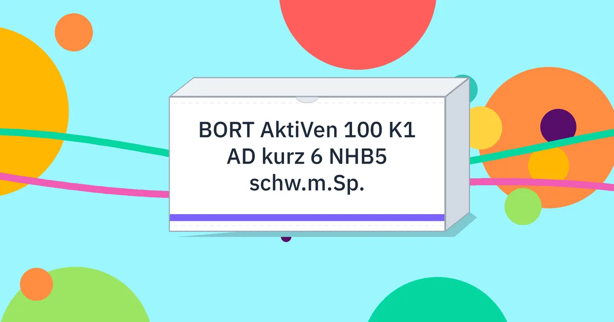 Symbolbild: Packung mit der Aufschrift BORT AktiVen 100 K1 AD kurz 6 NHB5 schw.m.Sp. (PZN 17497499) – Verfügbarkeit und Bezug in Apotheken in Frankfurt am Main