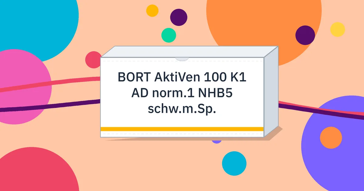 Symbolbild: Packung mit der Aufschrift BORT AktiVen 100 K1 AD norm.1 NHB5 schw.m.Sp. (PZN 17497364) – Verfügbarkeit und Bezug in Apotheken in Frankfurt am Main