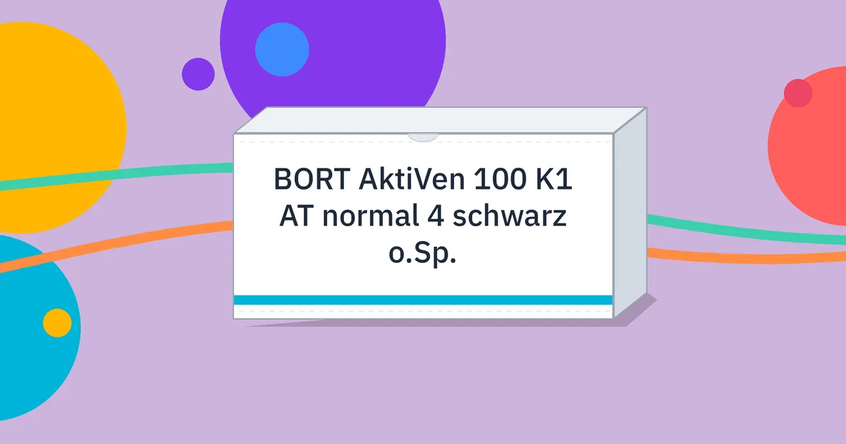 Symbolbild: Packung mit der Aufschrift BORT AktiVen 100 K1 AT normal 4 schwarz o.Sp. (PZN 14388752) – Verfügbarkeit und Bezug in Apotheken in Frankfurt am Main