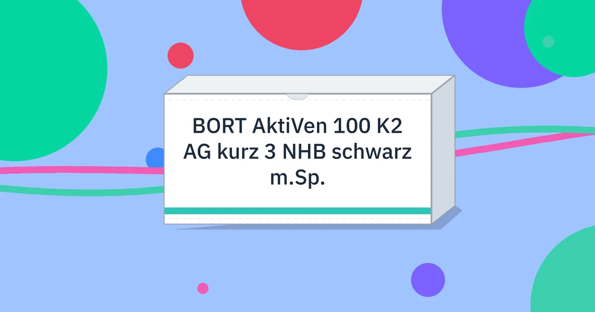 Symbolbild: Packung mit der Aufschrift BORT AktiVen 100 K2 AG kurz 3 NHB schwarz m.Sp. (PZN 14388060) – Verfügbarkeit und Bezug in Apotheken in Frankfurt am Main