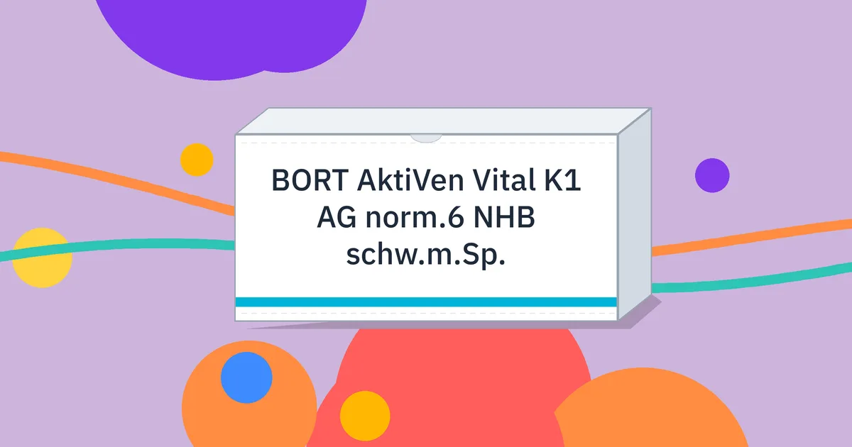 Symbolbild: Packung mit der Aufschrift BORT AktiVen Vital K1 AG norm.6 NHB schw.m.Sp. (PZN 13735909) – Verfügbarkeit und Bezug in Apotheken in Frankfurt am Main