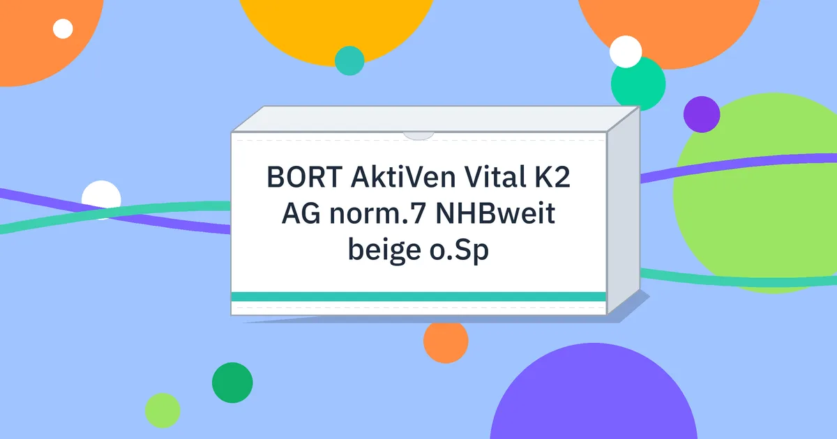 Symbolbild: Packung mit der Aufschrift BORT AktiVen Vital K2 AG norm.7 NHBweit beige o.Sp (PZN 13731627) – Verfügbarkeit und Bezug in Apotheken in Frankfurt am Main
