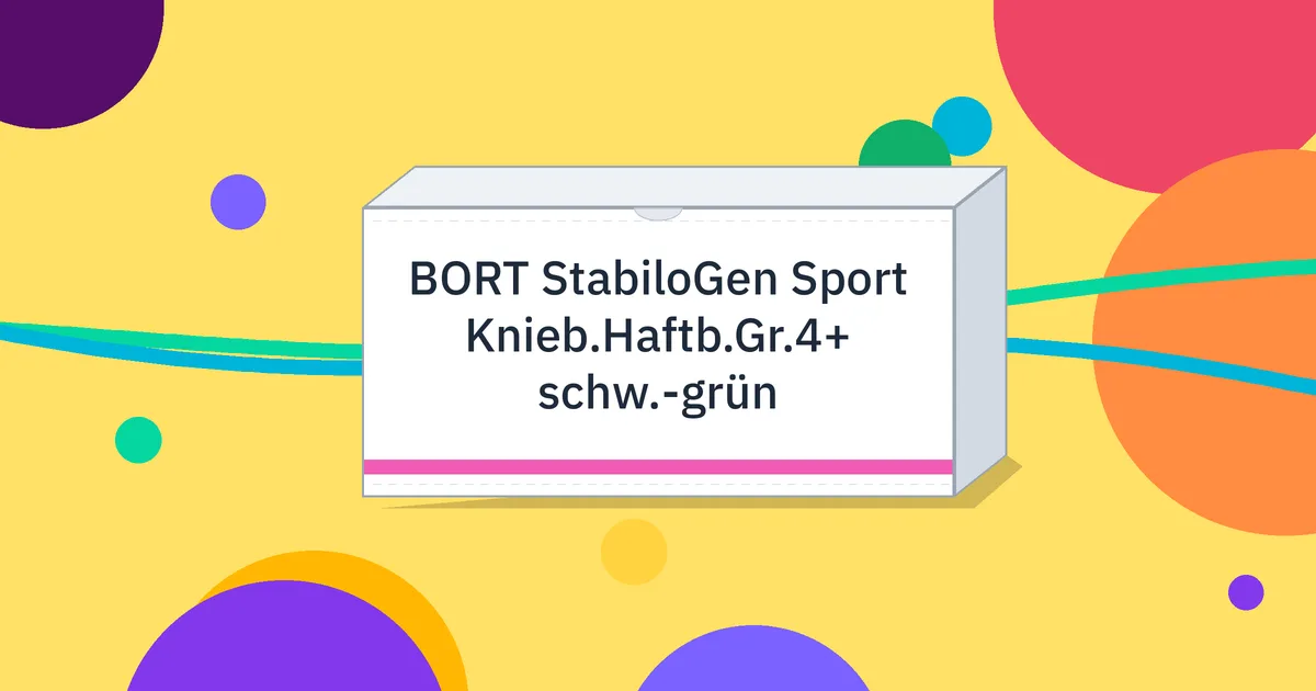 Symbolbild: Packung mit der Aufschrift BORT StabiloGen Sport Knieb.Haftb.Gr.4+ schw.-grün (PZN 19111297) – Verfügbarkeit und Bezug in Apotheken in Frankfurt am Main