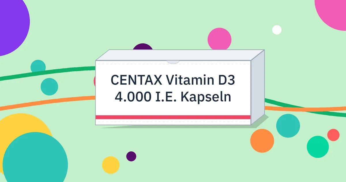 Symbolbild: Packung mit der Aufschrift CENTAX Vitamin D3 4.000 I.E. Kapseln (PZN 17257884) – Verfügbarkeit und Bezug in Apotheken in Frankfurt am Main