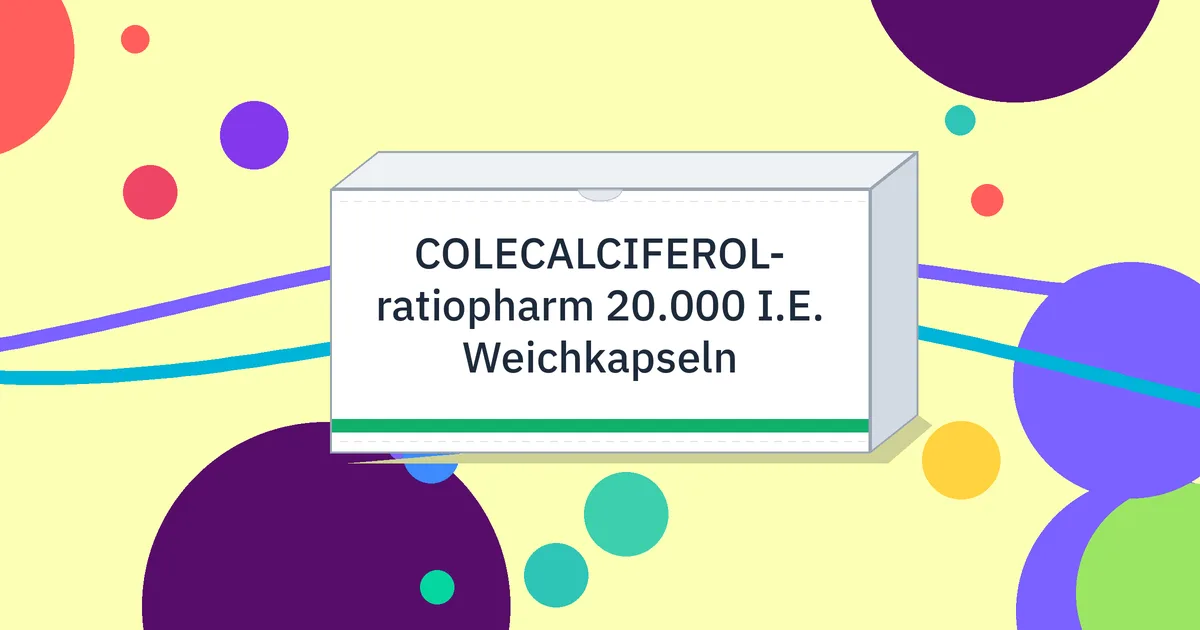 Symbolbild: Packung mit der Aufschrift COLECALCIFEROL-ratiopharm 20.000 I.E. Weichkapseln (PZN 18602679) – Verfügbarkeit und Bezug in Apotheken in Frankfurt am Main
