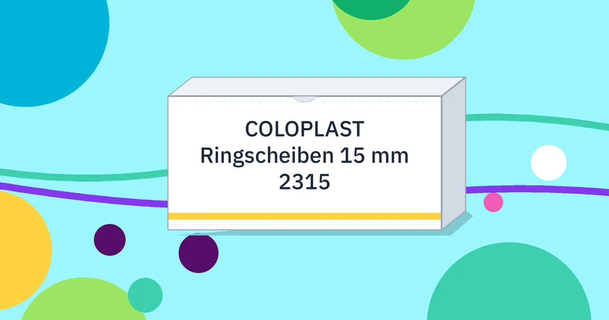Symbolbild: Packung mit der Aufschrift COLOPLAST Ringscheiben 15 mm 2315 (PZN 02298825) – Verfügbarkeit und Bezug in Apotheken in Frankfurt am Main