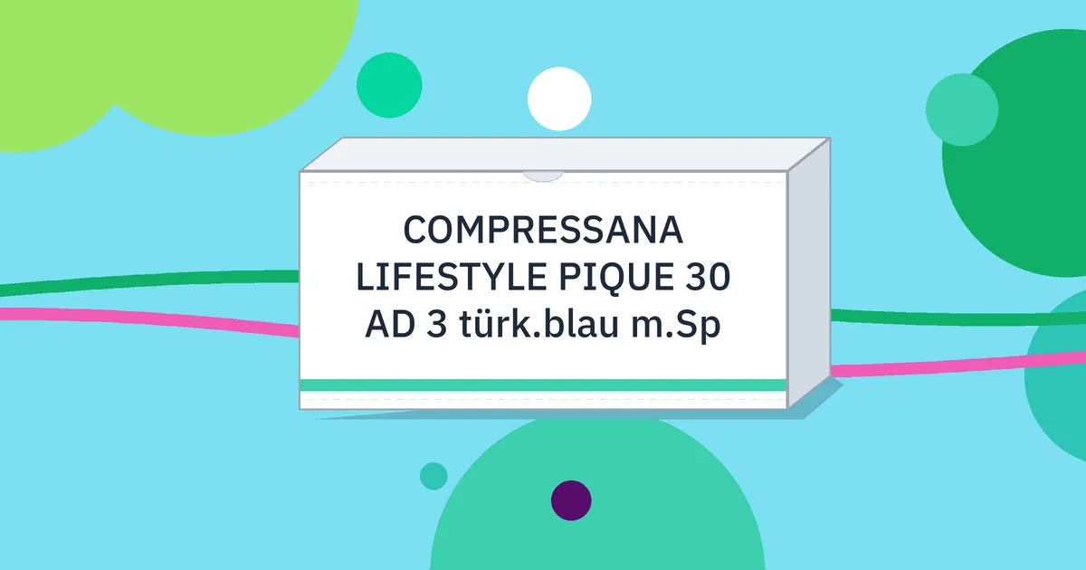 Symbolbild: Packung mit der Aufschrift COMPRESSANA LIFESTYLE PIQUE 30 AD 3 türk.blau m.Sp (PZN 19689671) – Verfügbarkeit und Bezug in Apotheken in Frankfurt am Main