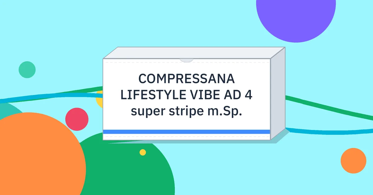 Symbolbild: Packung mit der Aufschrift COMPRESSANA LIFESTYLE VIBE AD 4 super stripe m.Sp. (PZN 18367451) – Verfügbarkeit und Bezug in Apotheken in Frankfurt am Main