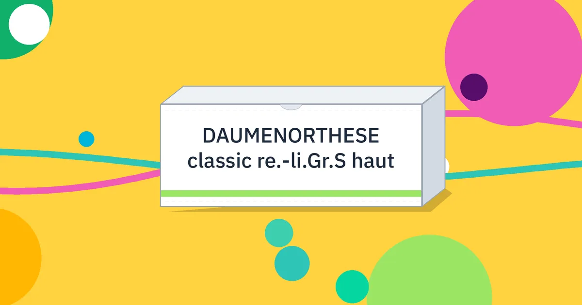 Symbolbild: Packung mit der Aufschrift DAUMENORTHESE classic re.-li.Gr.S haut (PZN 13827221) – Verfügbarkeit und Bezug in Apotheken in Frankfurt am Main