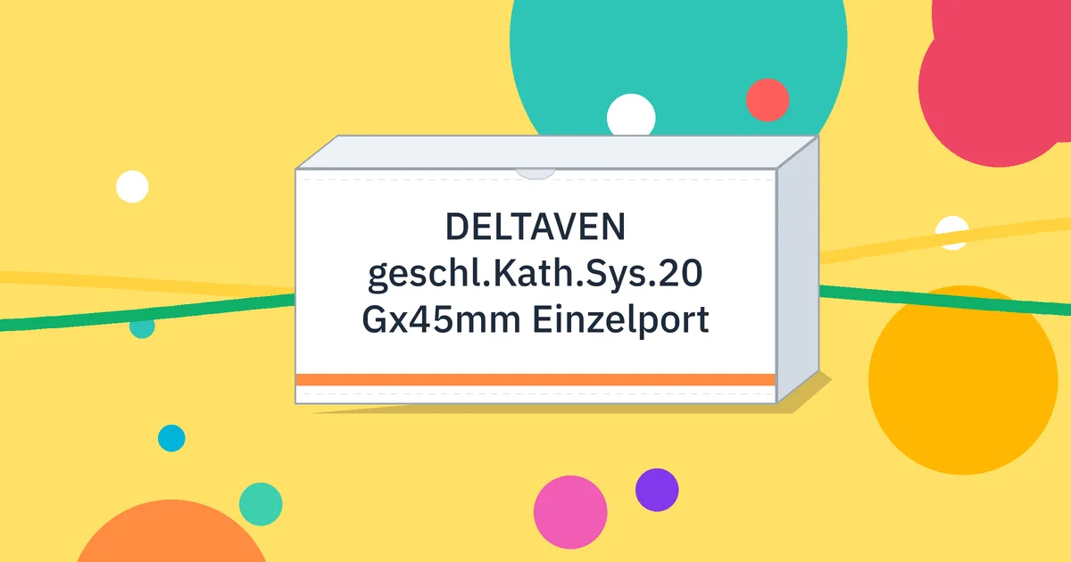 Symbolbild: Packung mit der Aufschrift DELTAVEN geschl.Kath.Sys.20 Gx45mm Einzelport (PZN 13976955) – Verfügbarkeit und Bezug in Apotheken in Frankfurt am Main