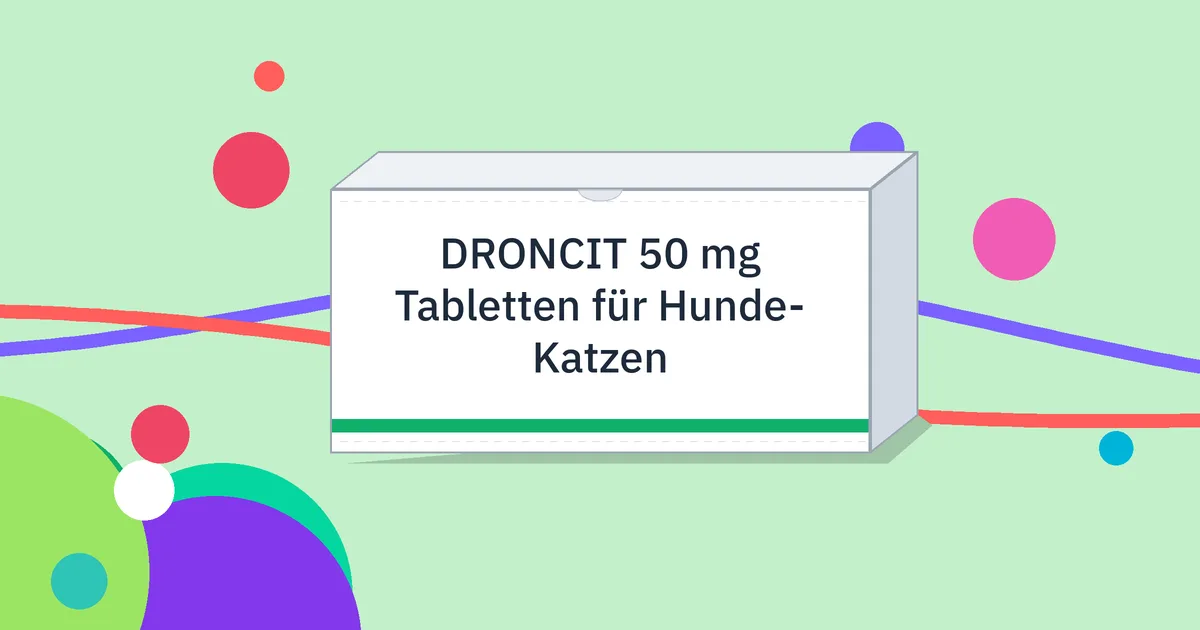 Symbolbild: Packung mit der Aufschrift DRONCIT 50 mg Tabletten für Hunde-Katzen (PZN 02359113) – Verfügbarkeit und Bezug in Apotheken in Frankfurt am Main