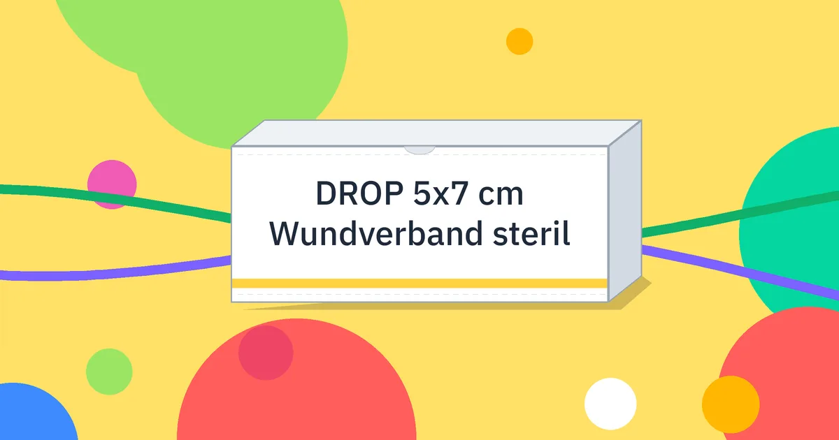 Symbolbild: Packung mit der Aufschrift DROP 5x7 cm Wundverband steril (PZN 20111664) – Verfügbarkeit und Bezug in Apotheken in Frankfurt am Main