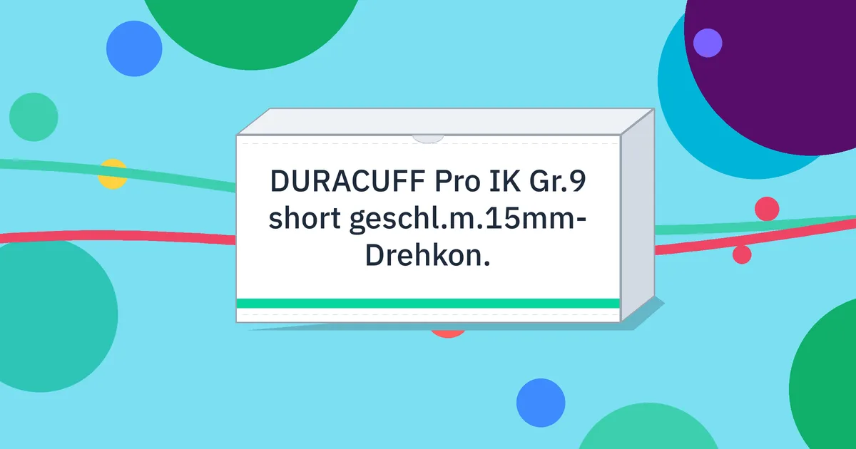 Symbolbild: Packung mit der Aufschrift DURACUFF Pro IK Gr.9 short geschl.m.15mm-Drehkon. (PZN 19244845) – Verfügbarkeit und Bezug in Apotheken in Frankfurt am Main