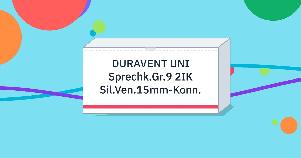 Symbolbild: Packung mit der Aufschrift DURAVENT UNI Sprechk.Gr.9 2IK Sil.Ven.15mm-Konn. (PZN 02083326) – Verfügbarkeit und Bezug in Apotheken in Frankfurt am Main