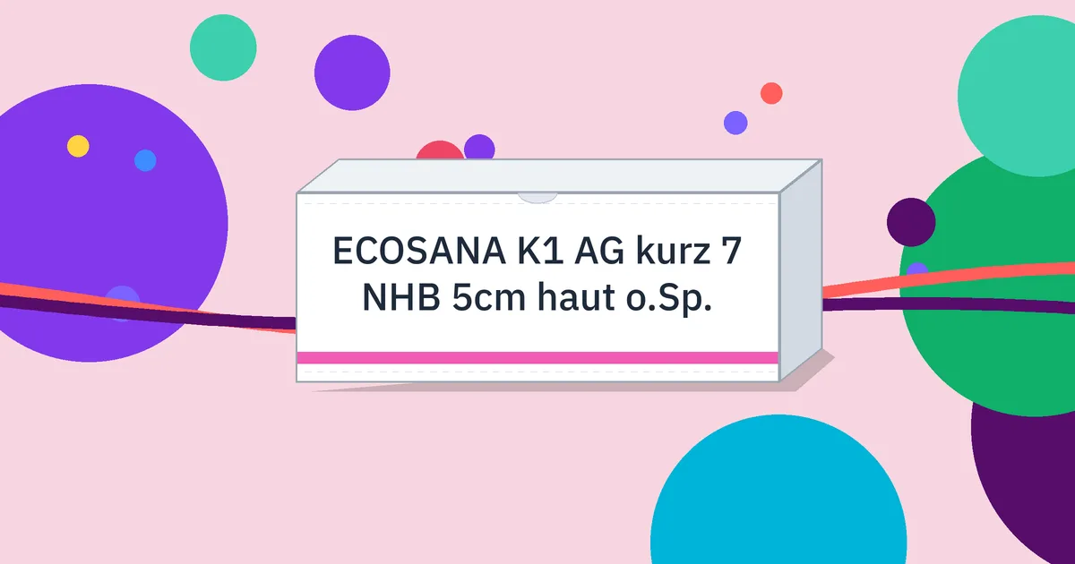 Symbolbild: Packung mit der Aufschrift ECOSANA K1 AG kurz 7 NHB 5cm haut o.Sp. (PZN 04730913) – Verfügbarkeit und Bezug in Apotheken in Frankfurt am Main
