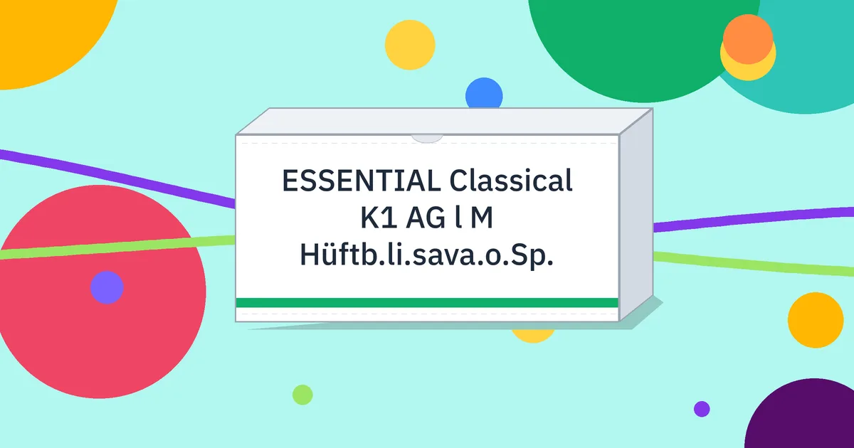 Symbolbild: Packung mit der Aufschrift ESSENTIAL Classical K1 AG l M Hüftb.li.sava.o.Sp. (PZN 17012562) – Verfügbarkeit und Bezug in Apotheken in Frankfurt am Main