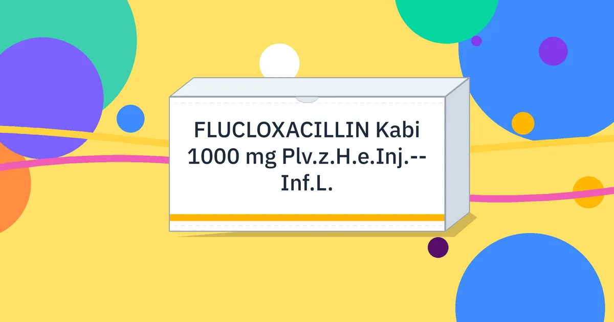 Symbolbild: Packung mit der Aufschrift FLUCLOXACILLIN Kabi 1000 mg Plv.z.H.e.Inj.--Inf.L. (PZN 17198733) – Verfügbarkeit und Bezug in Apotheken in Frankfurt am Main