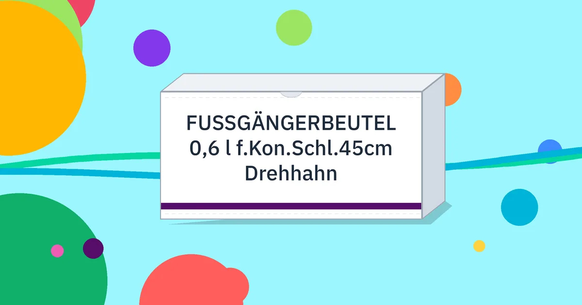 Symbolbild: Packung mit der Aufschrift FUSSGÄNGERBEUTEL 0,6 l f.Kon.Schl.45cm Drehhahn (PZN 06096254) – Verfügbarkeit und Bezug in Apotheken in Frankfurt am Main