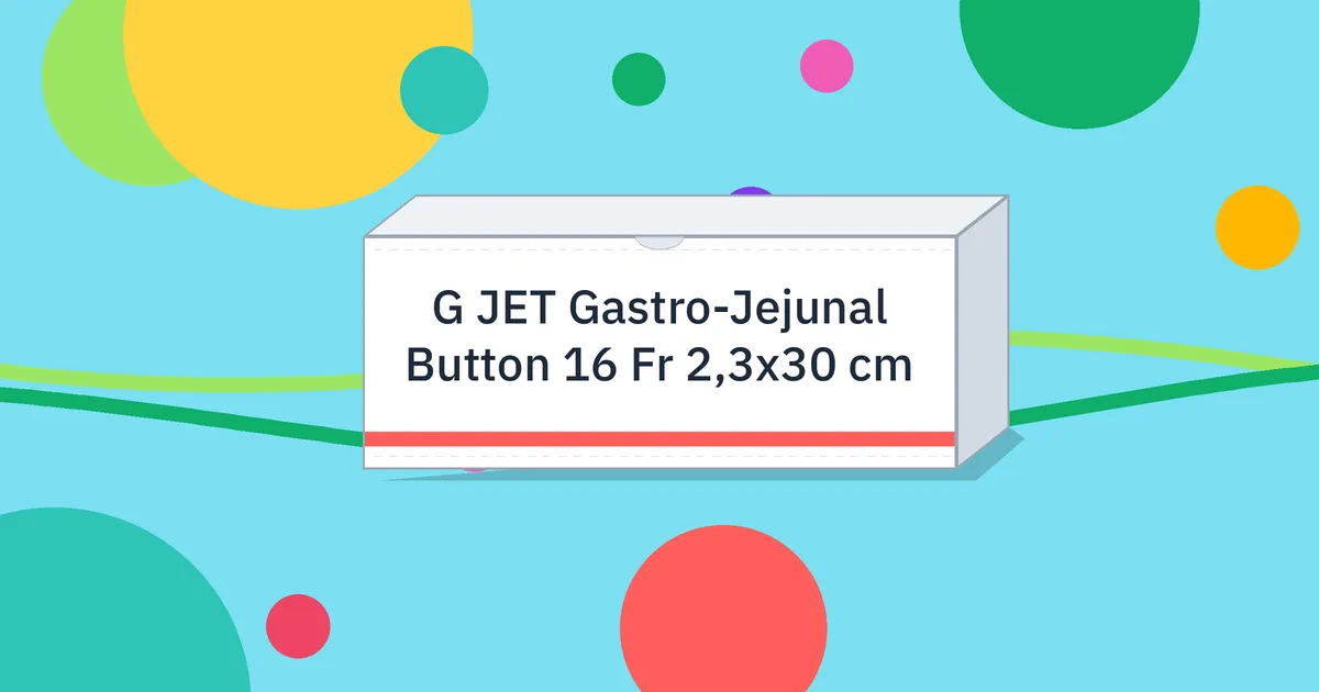 Symbolbild: Packung mit der Aufschrift G JET Gastro-Jejunal Button 16 Fr 2,3x30 cm (PZN 14346883) – Verfügbarkeit und Bezug in Apotheken in Frankfurt am Main