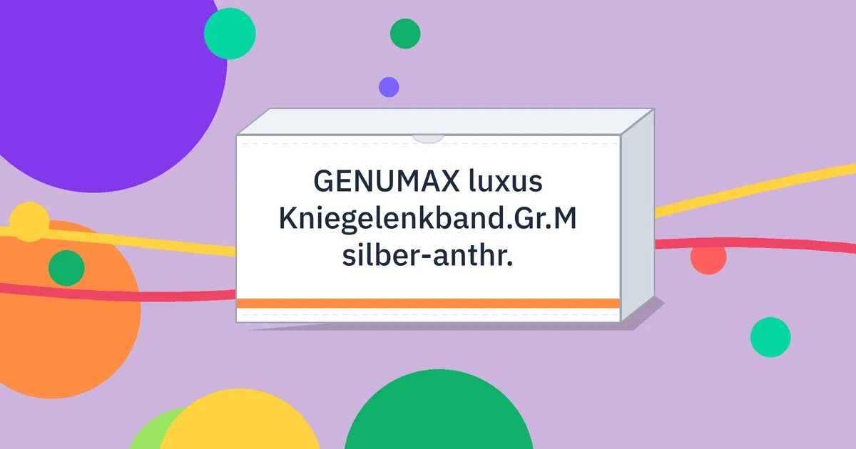 Symbolbild: Packung mit der Aufschrift GENUMAX luxus Kniegelenkband.Gr.M silber-anthr. (PZN 11097296) – Verfügbarkeit und Bezug in Apotheken in Frankfurt am Main