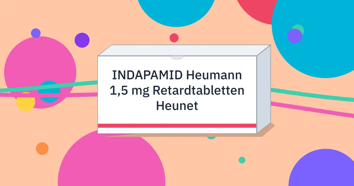 Symbolbild: Packung mit der Aufschrift INDAPAMID Heumann 1,5 mg Retardtabletten Heunet (PZN 17147871) – Verfügbarkeit und Bezug in Apotheken in Frankfurt am Main