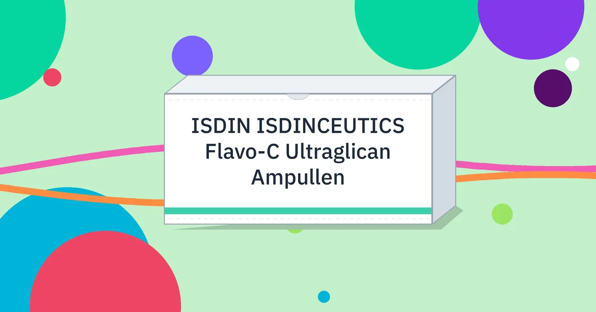 Symbolbild: Packung mit der Aufschrift ISDIN ISDINCEUTICS Flavo-C Ultraglican Ampullen (PZN 14349605) – Verfügbarkeit und Bezug in Apotheken in Frankfurt am Main