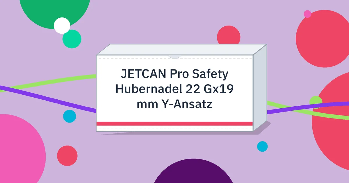 Symbolbild: Packung mit der Aufschrift JETCAN Pro Safety Hubernadel 22 Gx19 mm Y-Ansatz (PZN 19421046) – Verfügbarkeit und Bezug in Apotheken in Frankfurt am Main