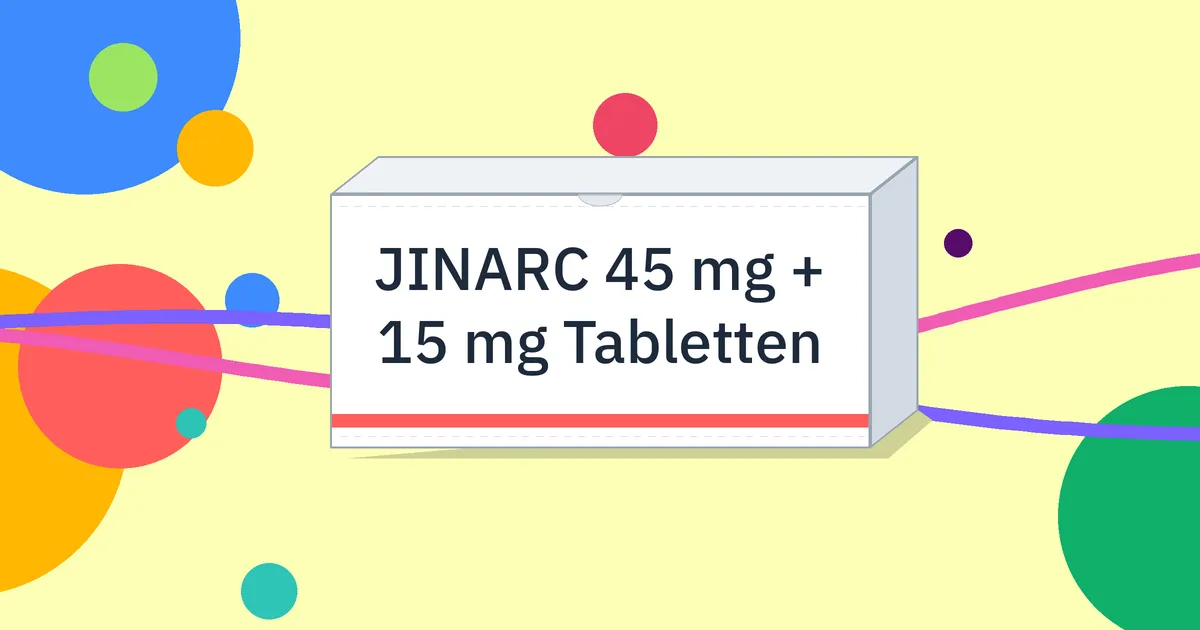 Symbolbild: Packung mit der Aufschrift JINARC 45 mg + 15 mg Tabletten (PZN 18087042) – Verfügbarkeit und Bezug in Apotheken in Frankfurt am Main