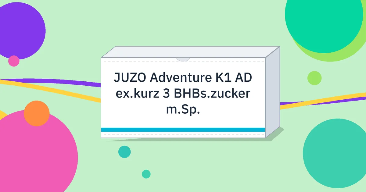 Symbolbild: Packung mit der Aufschrift JUZO Adventure K1 AD ex.kurz 3 BHBs.zucker m.Sp. (PZN 16343096) – Verfügbarkeit und Bezug in Apotheken in Frankfurt am Main