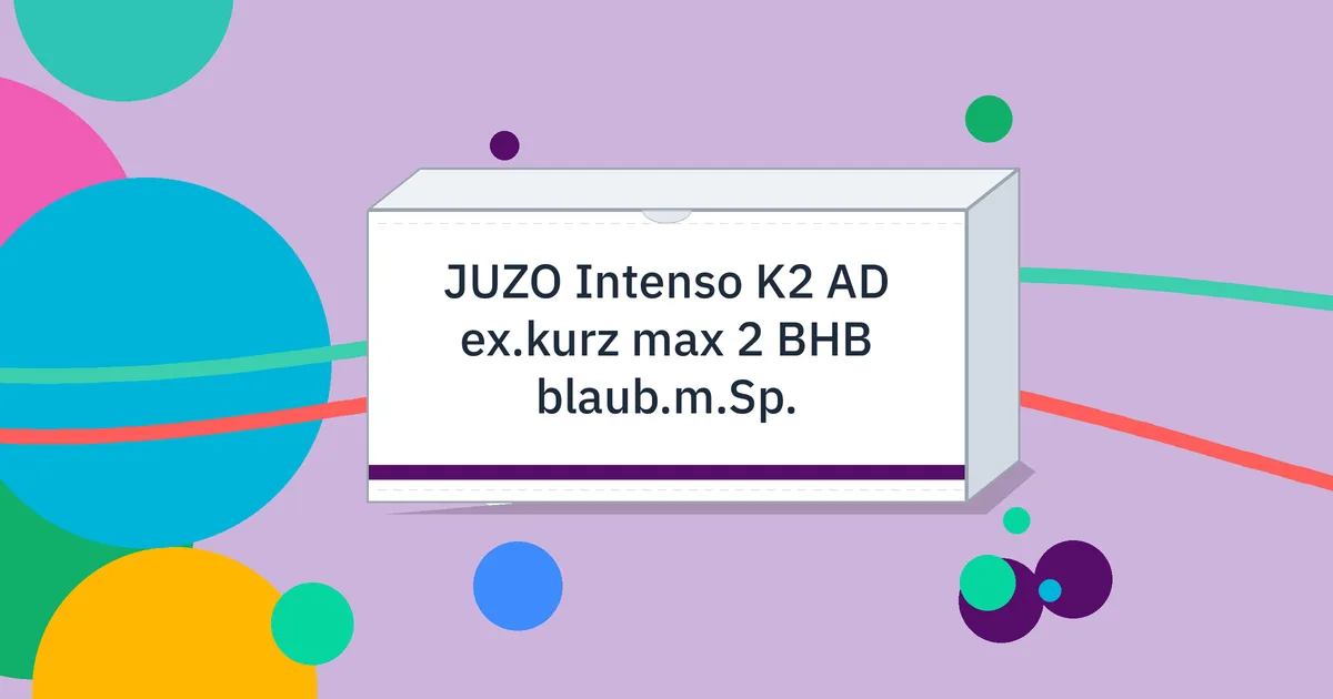 Symbolbild: Packung mit der Aufschrift JUZO Intenso K2 AD ex.kurz max 2 BHB blaub.m.Sp. (PZN 18613950) – Verfügbarkeit und Bezug in Apotheken in Frankfurt am Main