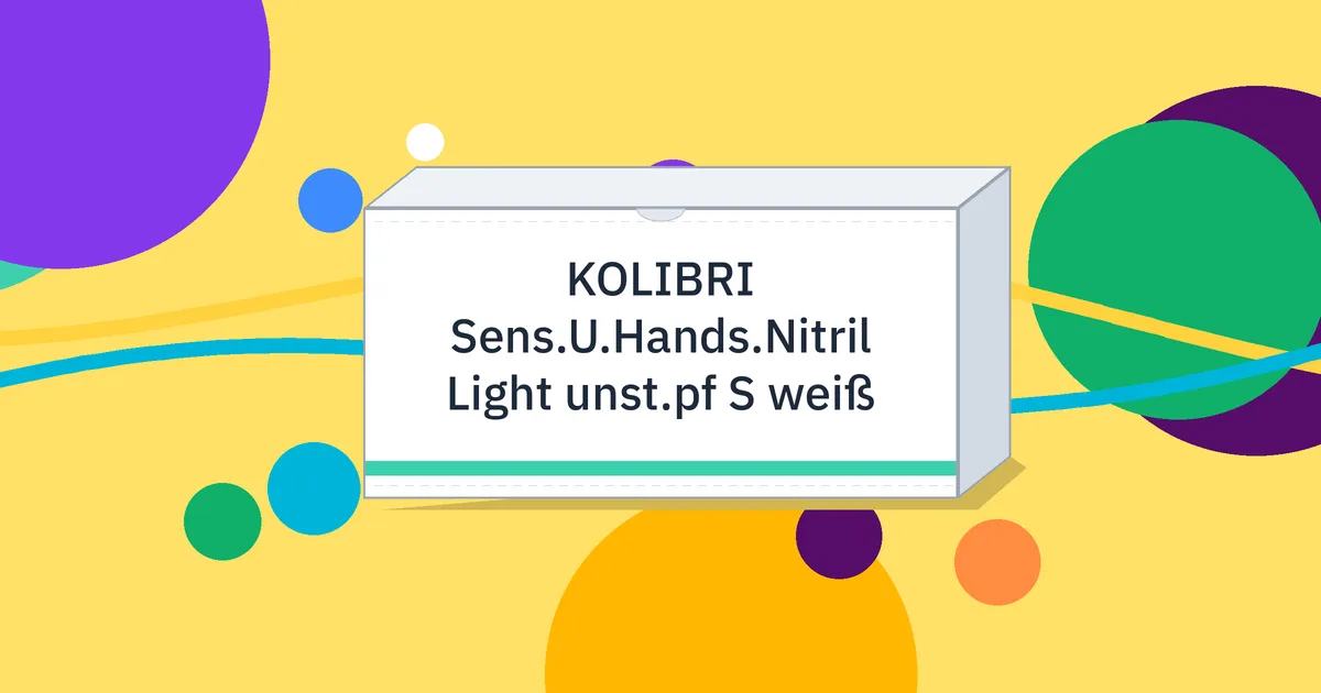 Symbolbild: Packung mit der Aufschrift KOLIBRI Sens.U.Hands.Nitril Light unst.pf S weiß (PZN 15199349) – Verfügbarkeit und Bezug in Apotheken in Frankfurt am Main