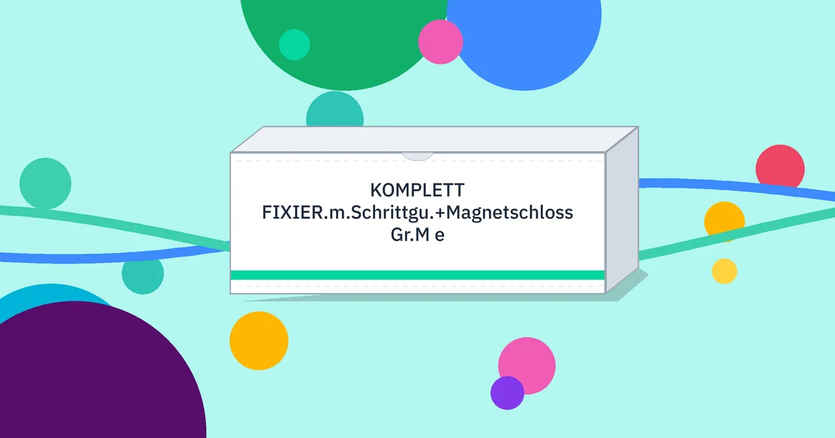 Symbolbild: Packung mit der Aufschrift KOMPLETT FIXIER.m.Schrittgu.+Magnetschloss Gr.M e (PZN 11573035) – Verfügbarkeit und Bezug in Apotheken in Frankfurt am Main